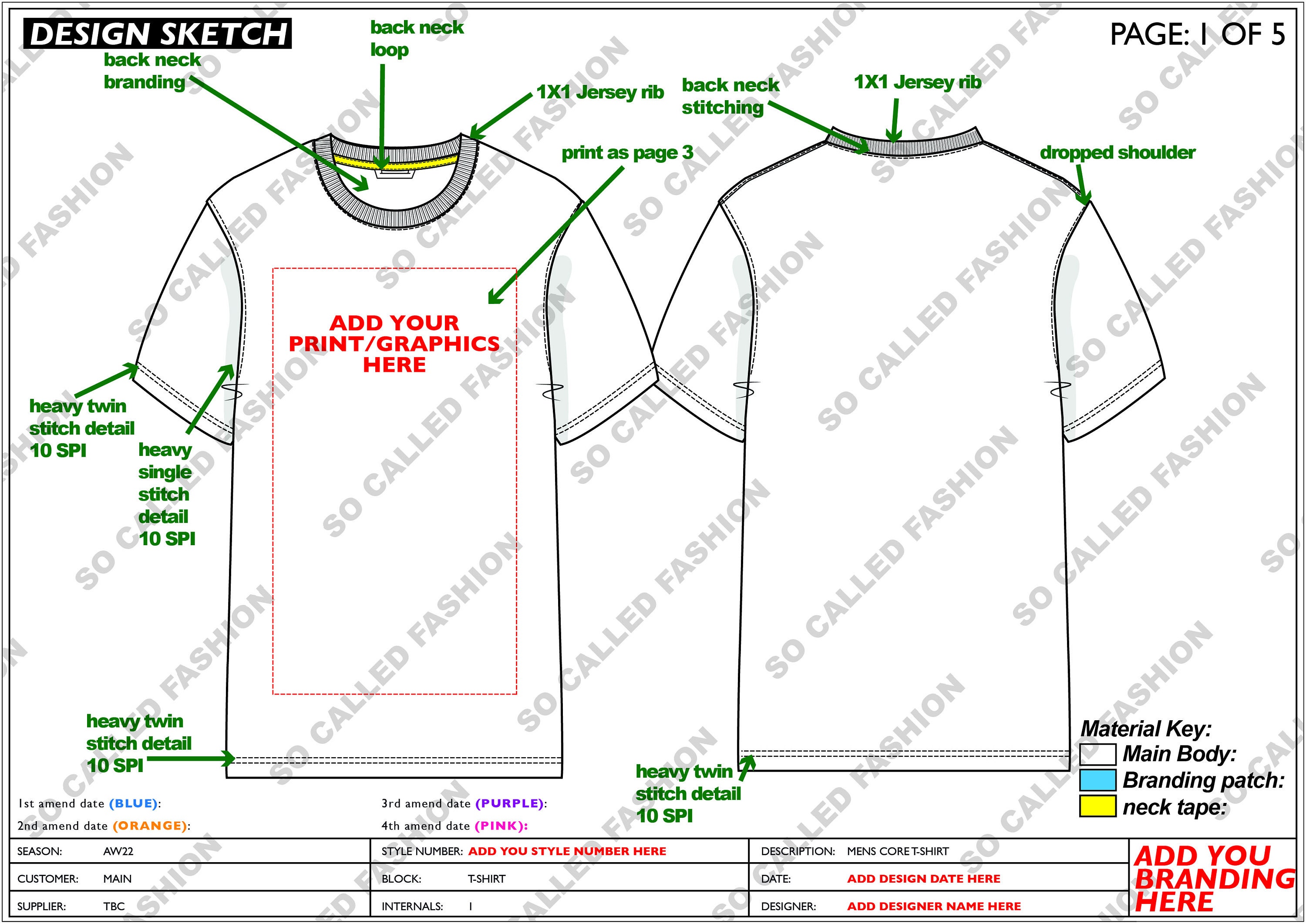 Complete T-shirt Tech Pack Illustrator Template for Apparel Industry ...