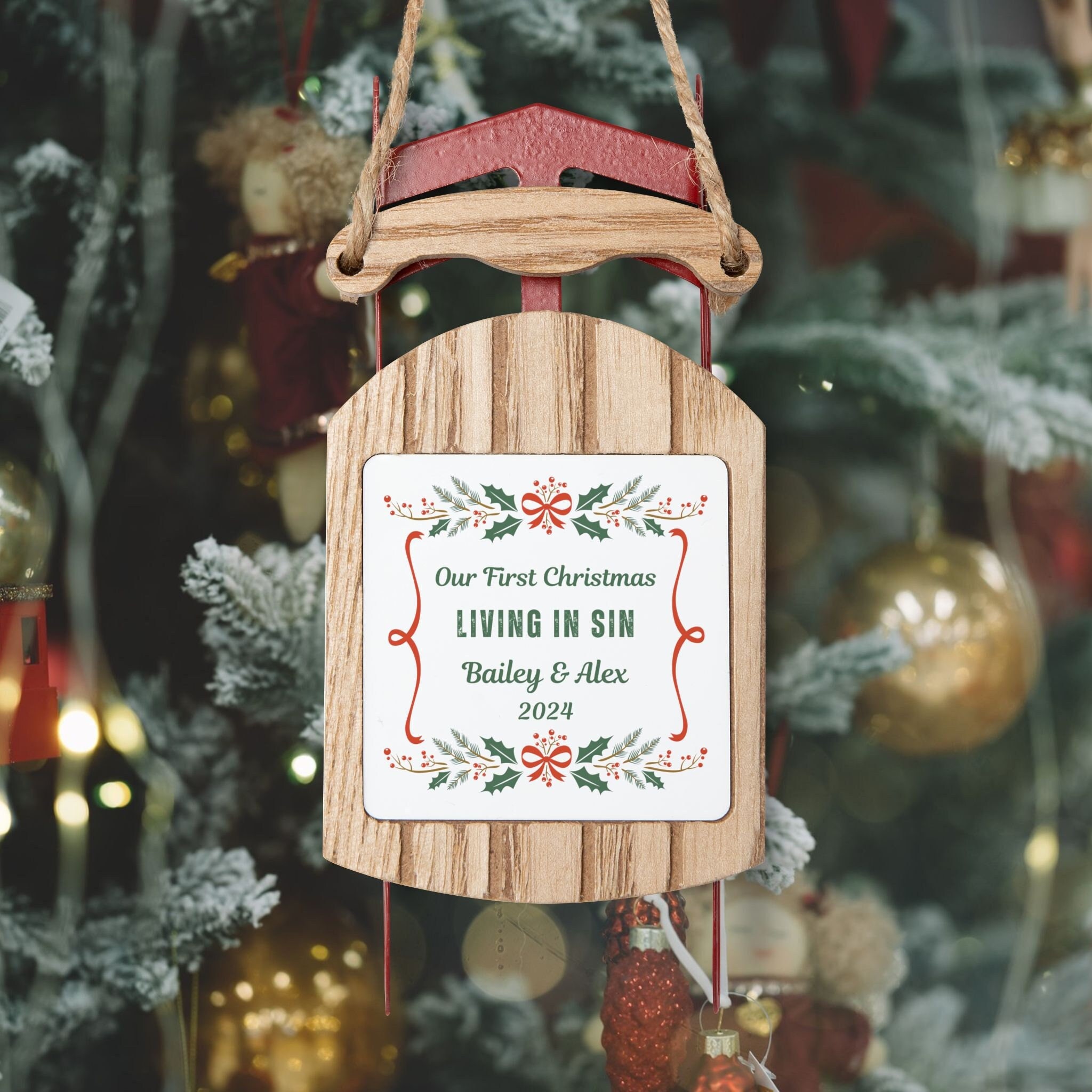 Personalized Our First Christmas Living in Sin Ornament Rustic Sled ...