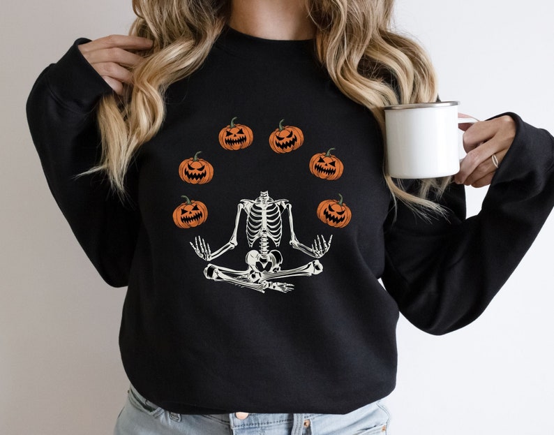 Meditating Skeleton Sweatshirt, Skeleton Juggling Pumpkins, Retro ...