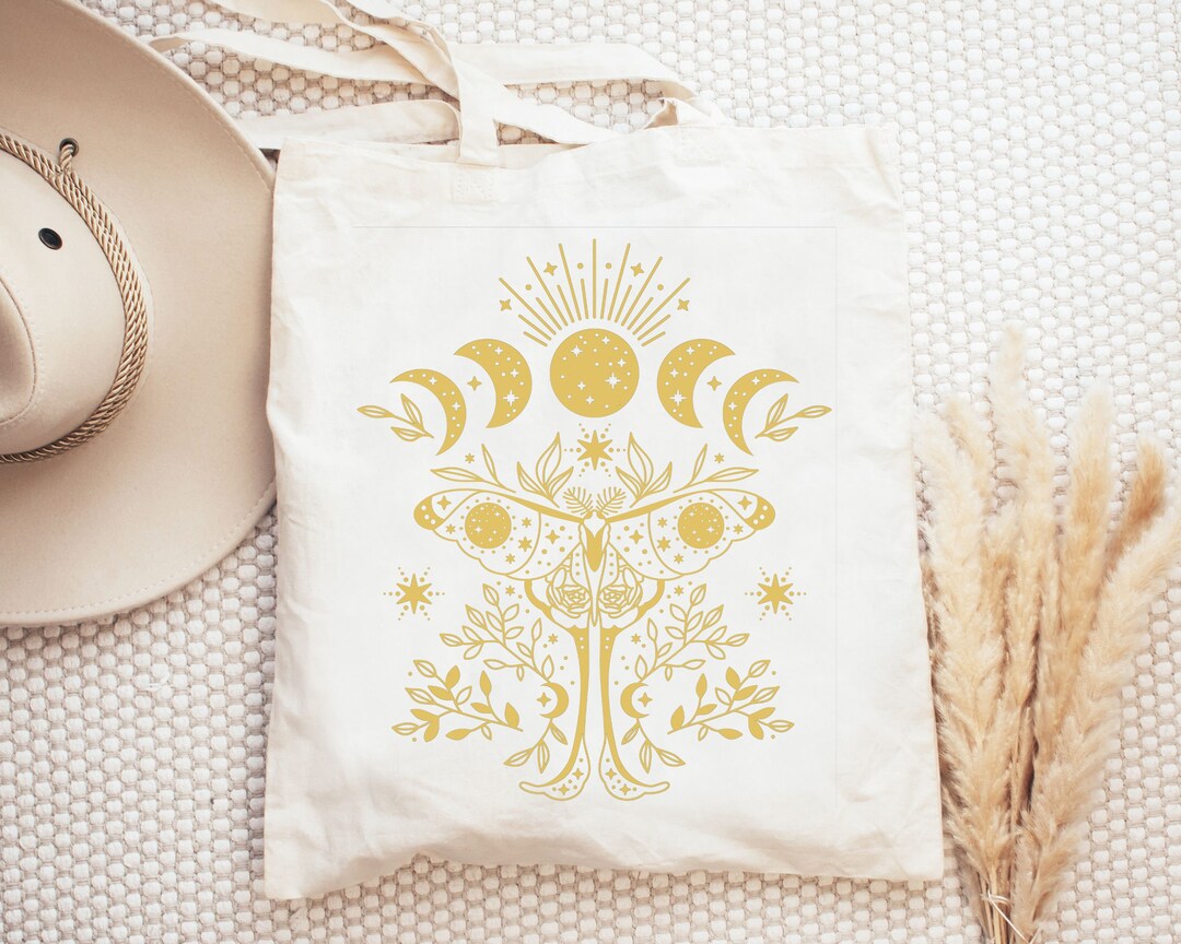 Luna Moth Tote Bag, Moon Phases Tote, Celestial Tote Bag, Moon Phase ...