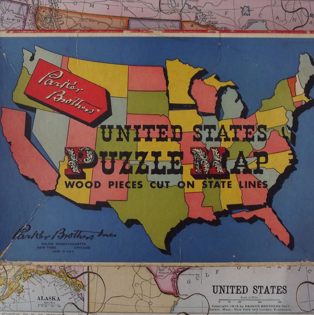 Parker Brothers, Map of United States, Jig Saw Puzzle, Wood, Copyright ...