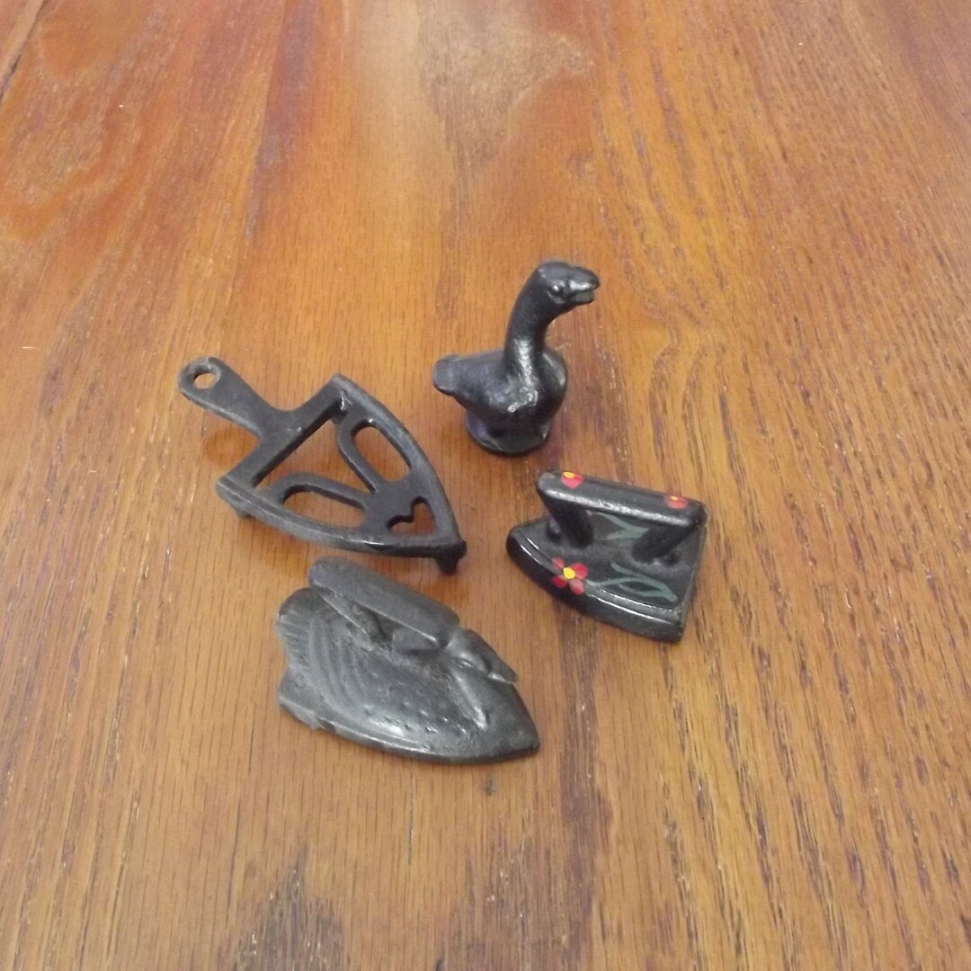 4 Cast Iron Miniatures, 2 Flat Irons, Swan or Painted, Trivet & Goose ...