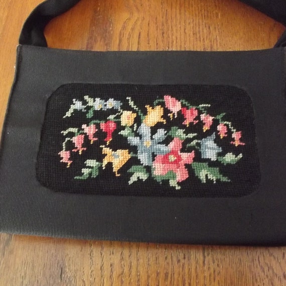 Petit Point on Black Gross Grain Style Fabric Purse, … - Gem