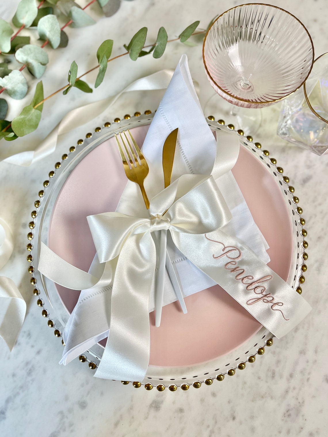 Embroidered Ribbon Place Setting Personalised Ribbon Bow for - Etsy