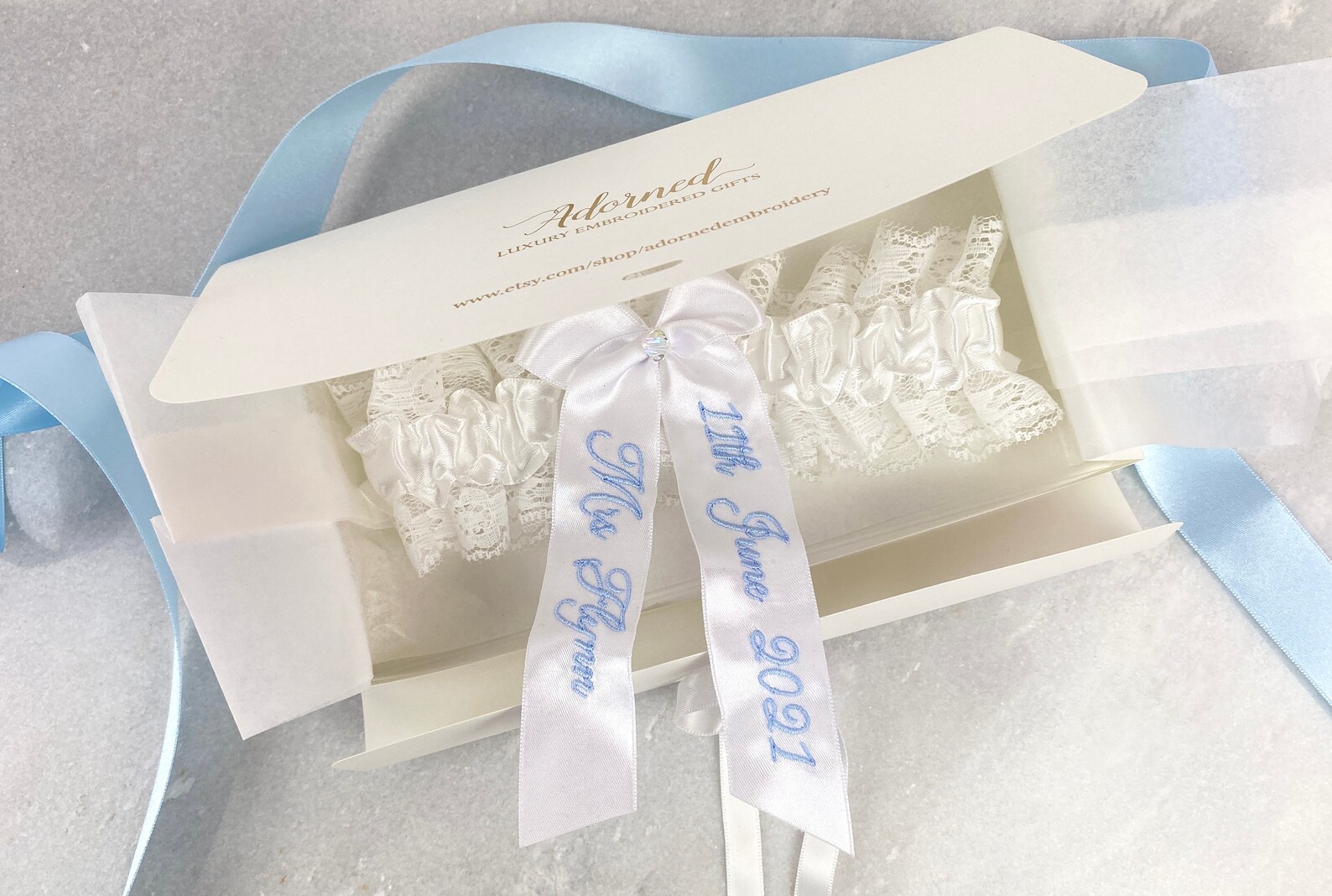 Personalised Bridal Garter | Something Blue Bow Embroidered Garter With ...