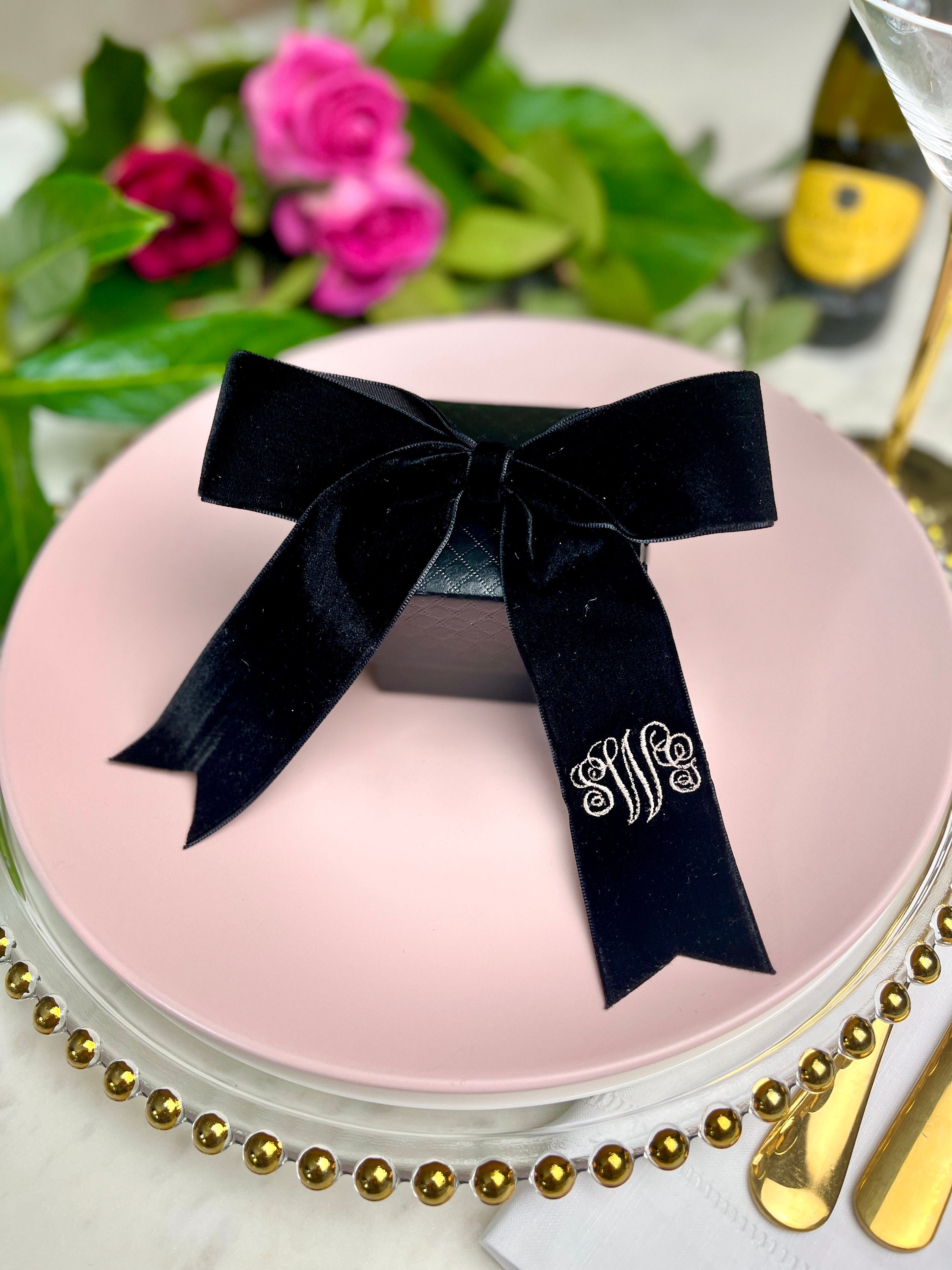 Velvet Ribbon Embroidered Place Setting Monogrammed Ribbon - Etsy