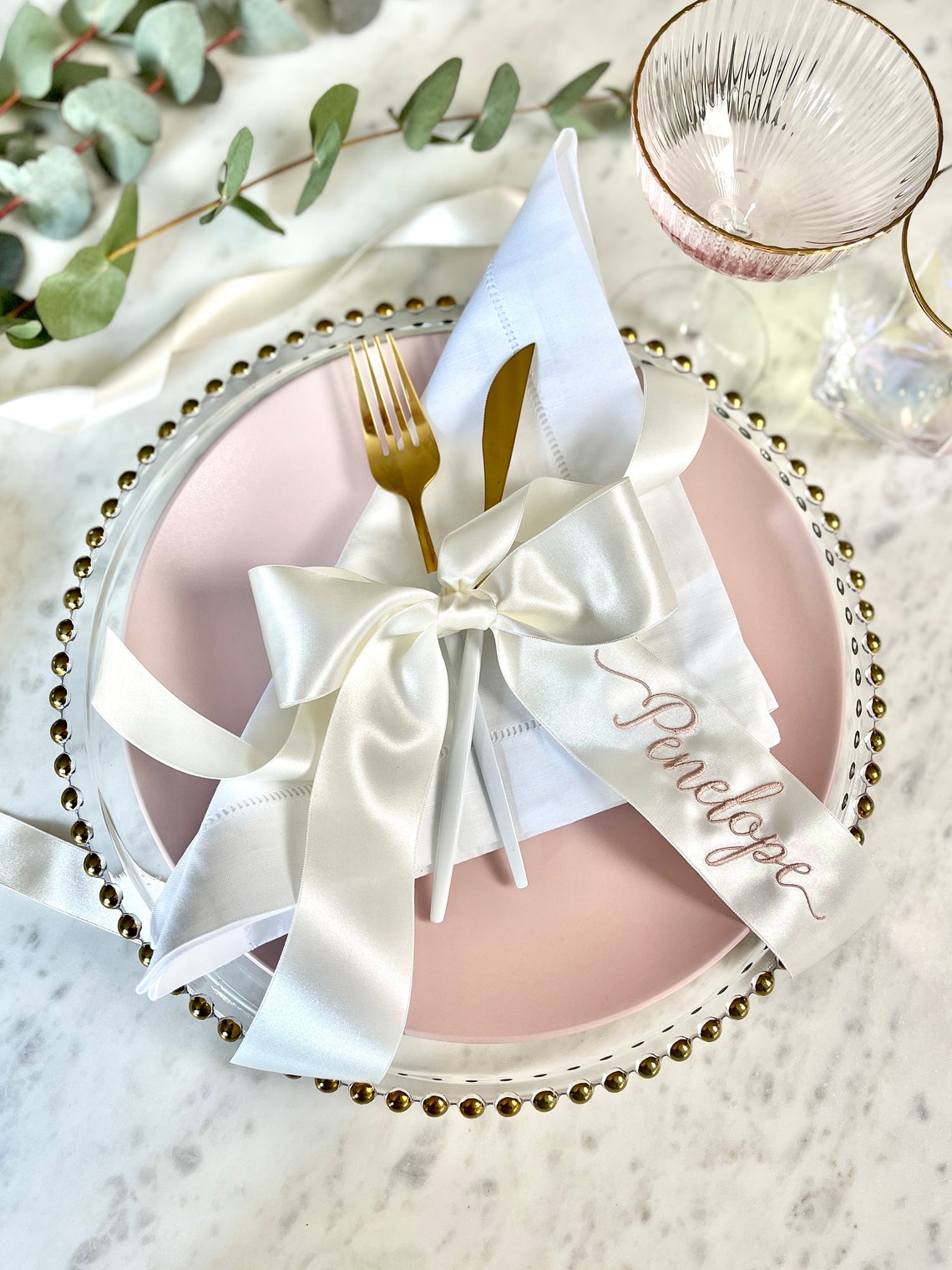 Embroidered Ribbon Place Setting Personalised Ribbon Bow for - Etsy