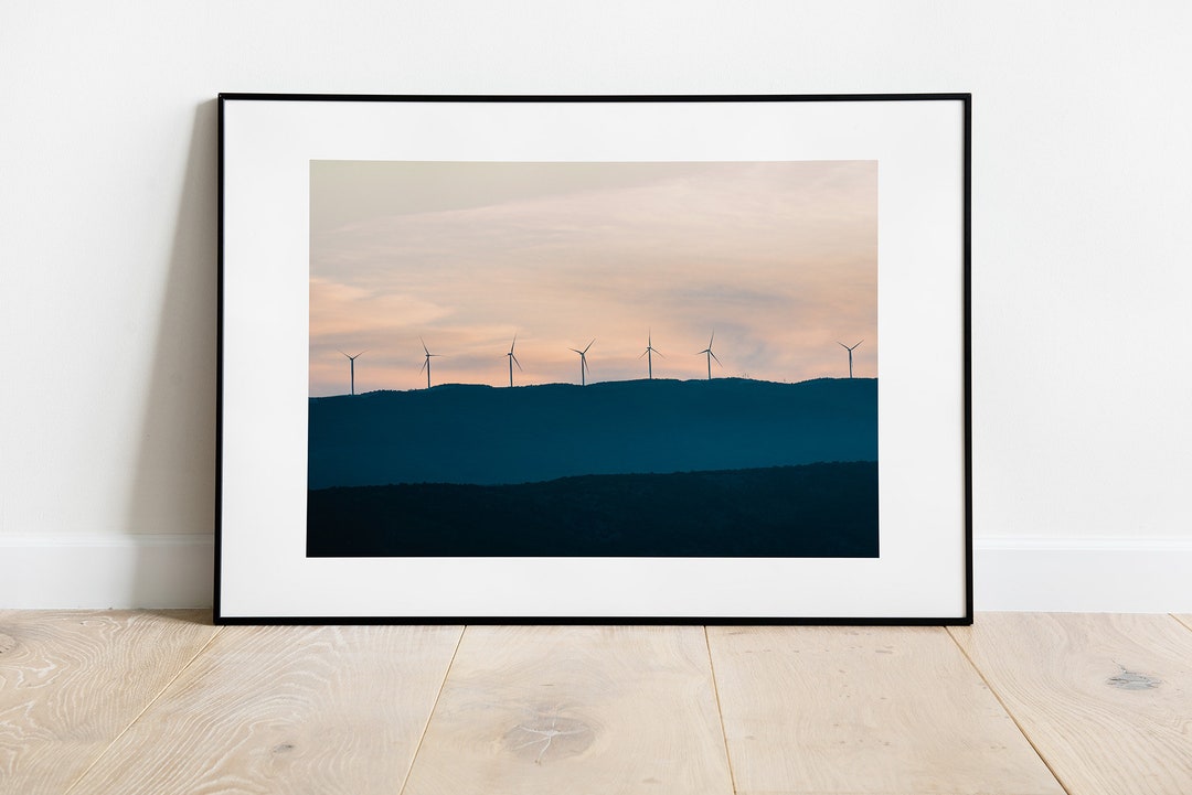 Misty Mountain Layer Print, Wind Turbine Print, Landscape Wall Art ...