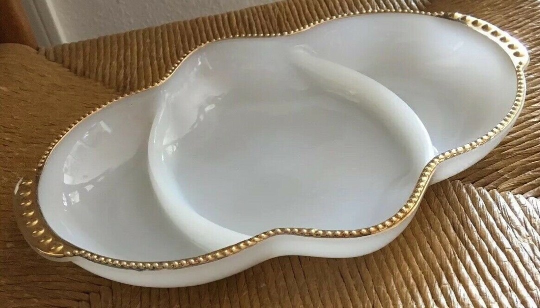 White Milk Glass 3-part Serving Dish With Gold Hobnail Trim Mid-century ...