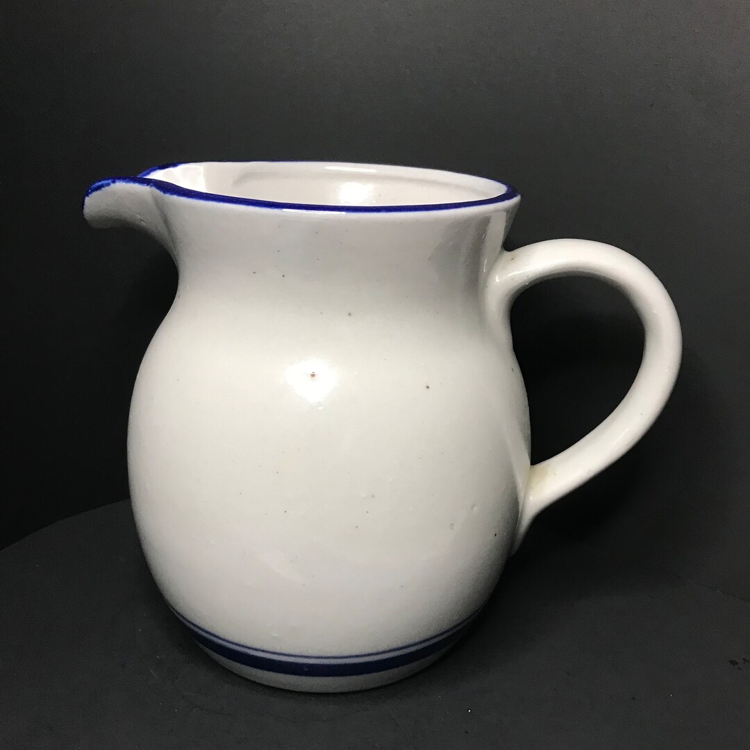 Vintage Blue Stripe Pottery Pitcher Primitive Farmhouse Decor One Quart ...