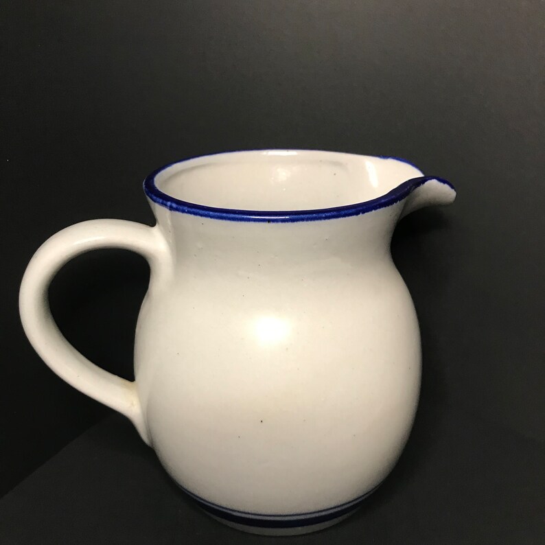 Vintage Blue Stripe Pottery Pitcher Primitive Farmhouse Decor One Quart ...