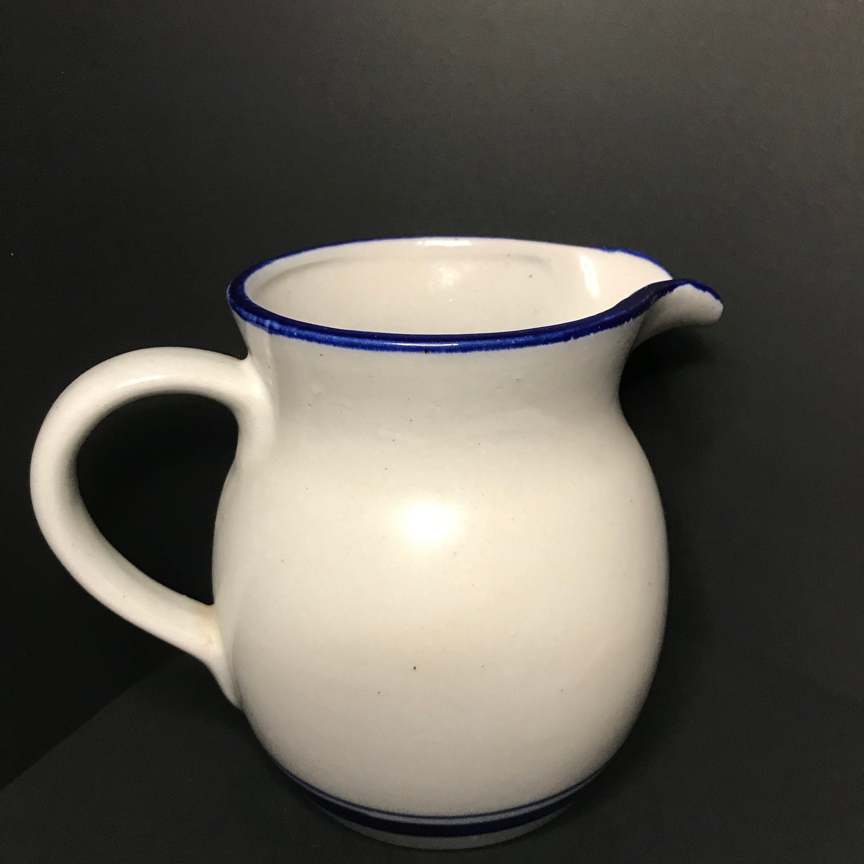 Vintage Blue Stripe Pottery Pitcher Primitive Farmhouse Decor One Quart ...