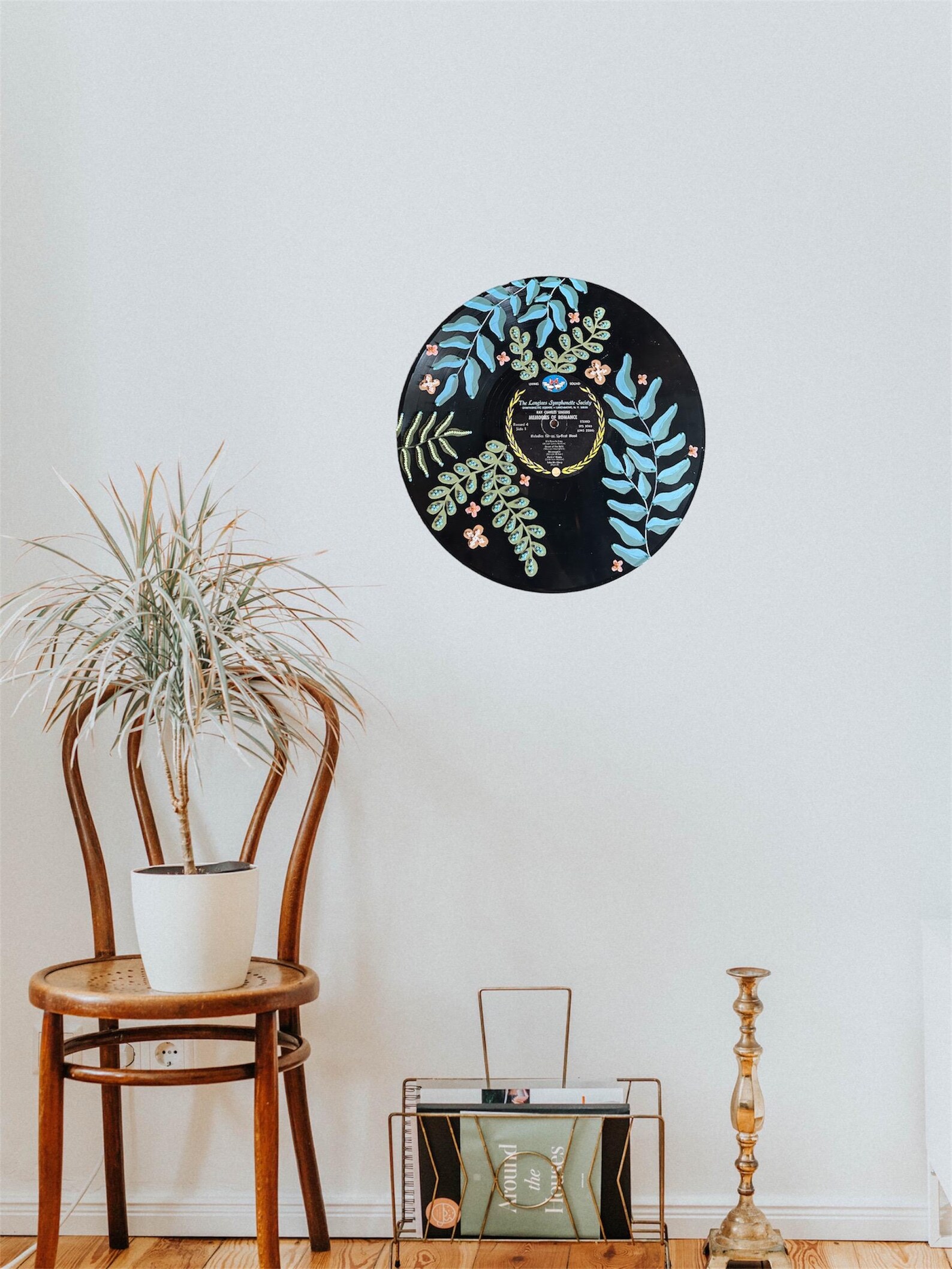 Painted Vinyl Record With Beading Detail Flowers and Leaf Stems - Etsy