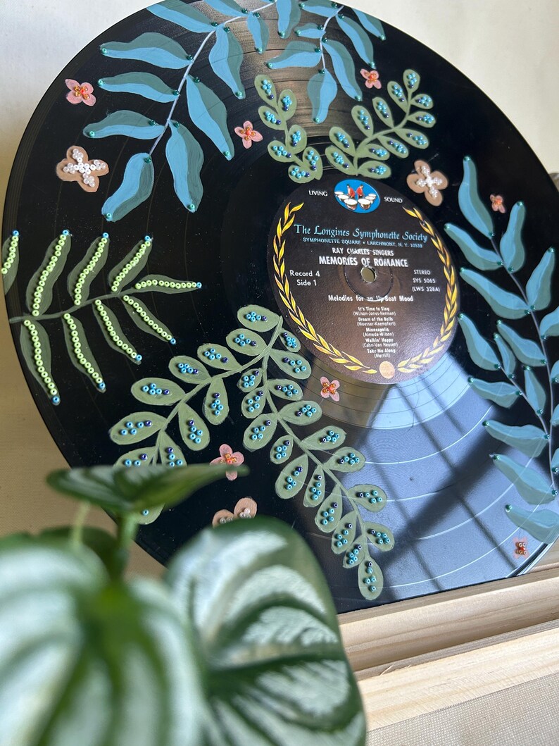 Painted Vinyl Record With Beading Detail Flowers and Leaf Stems - Etsy
