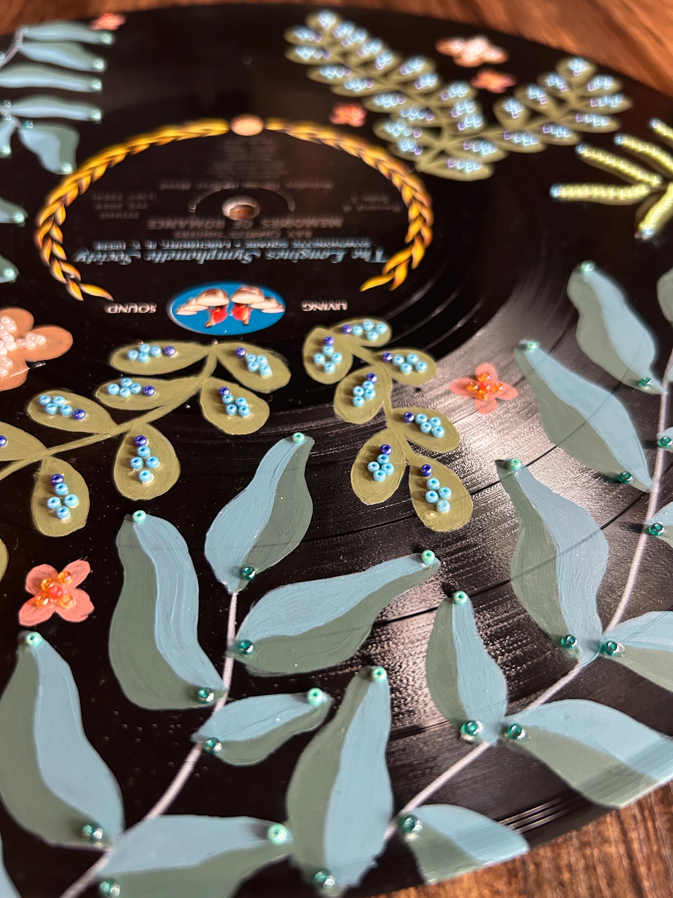 Painted Vinyl Record With Beading Detail Flowers and Leaf Stems - Etsy