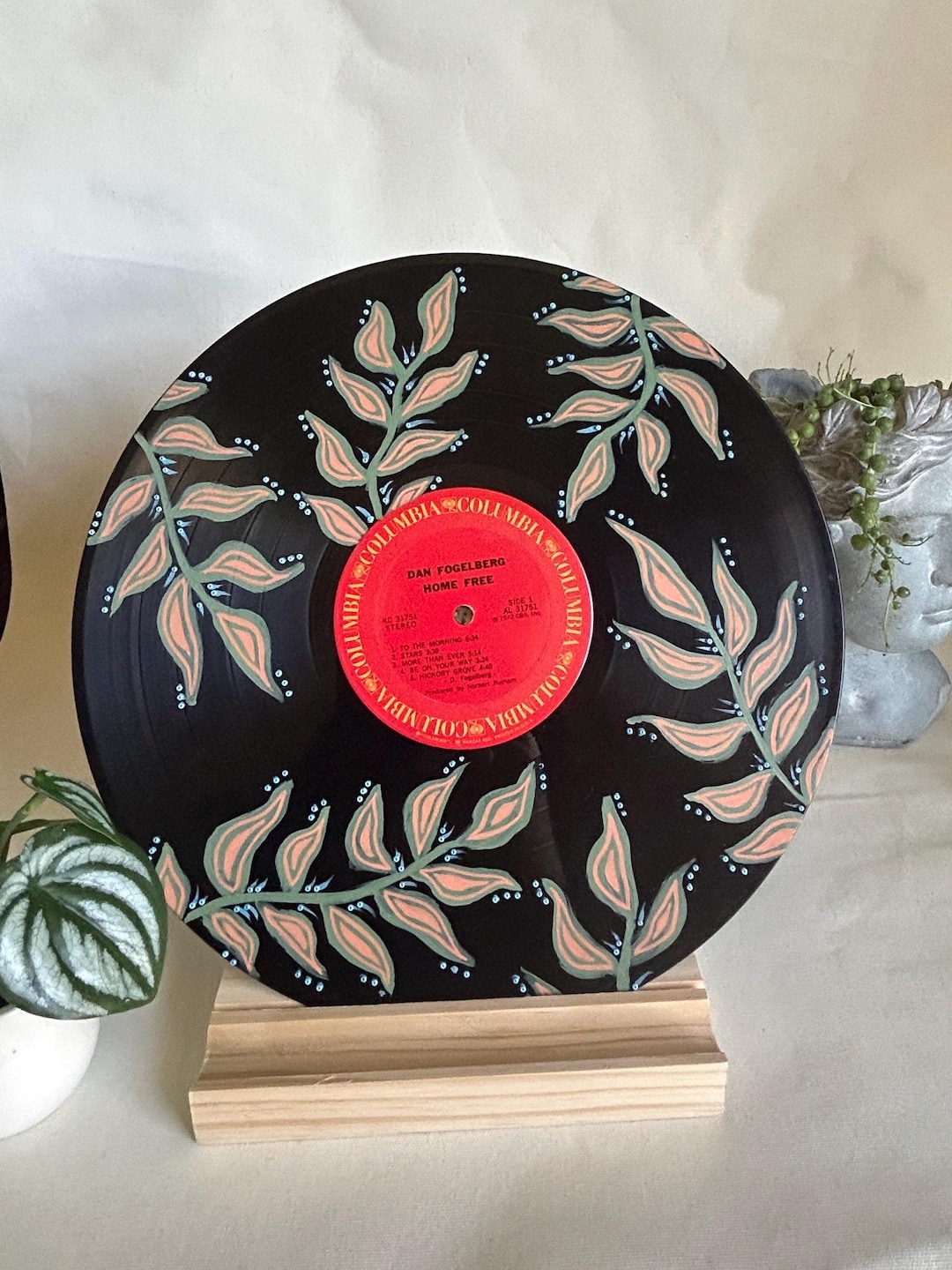 Painted Vinyl Record With Beaded Details Green Leaf Stems With Orange ...