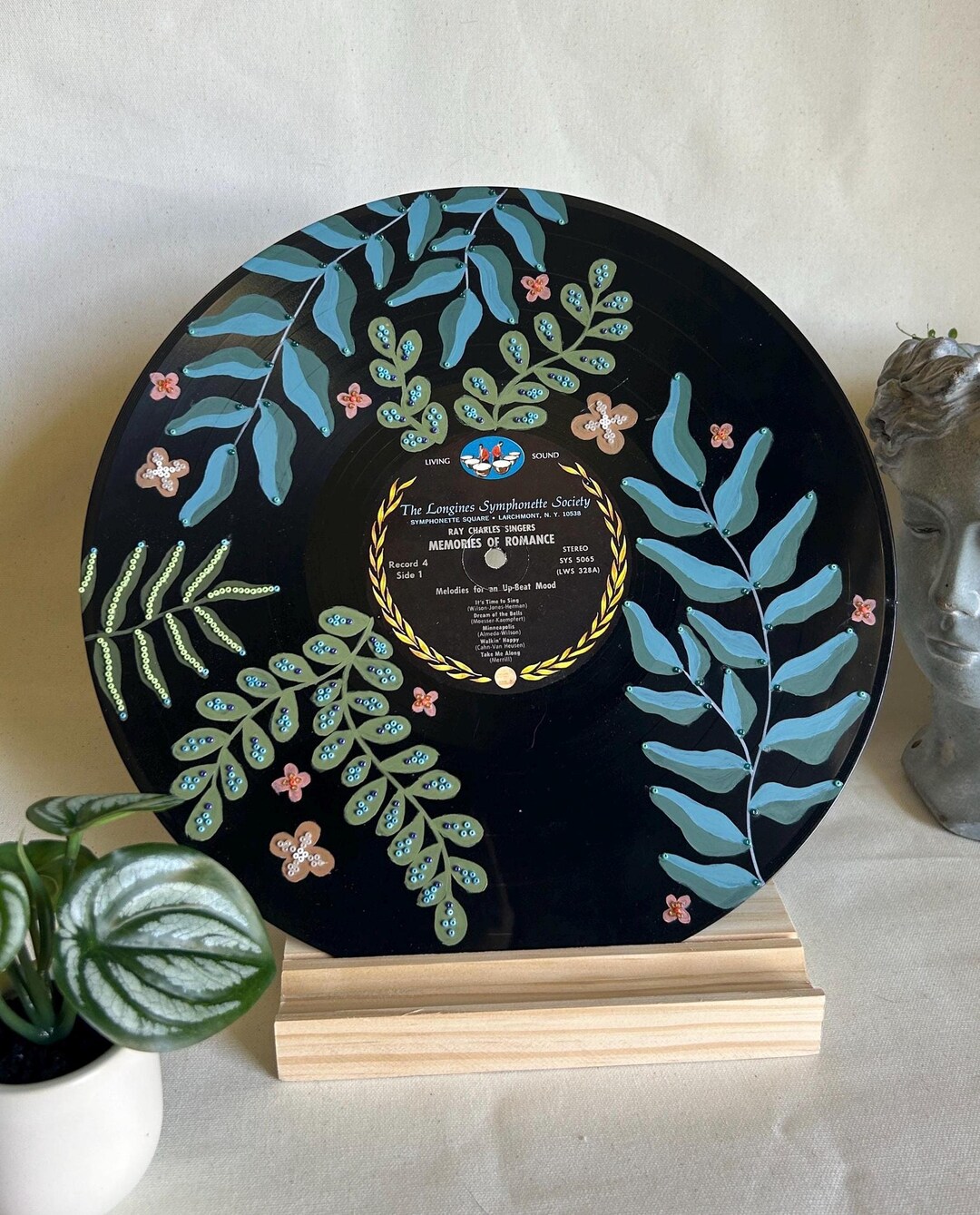 Painted Vinyl Record With Beading Detail Flowers and Leaf Stems - Etsy