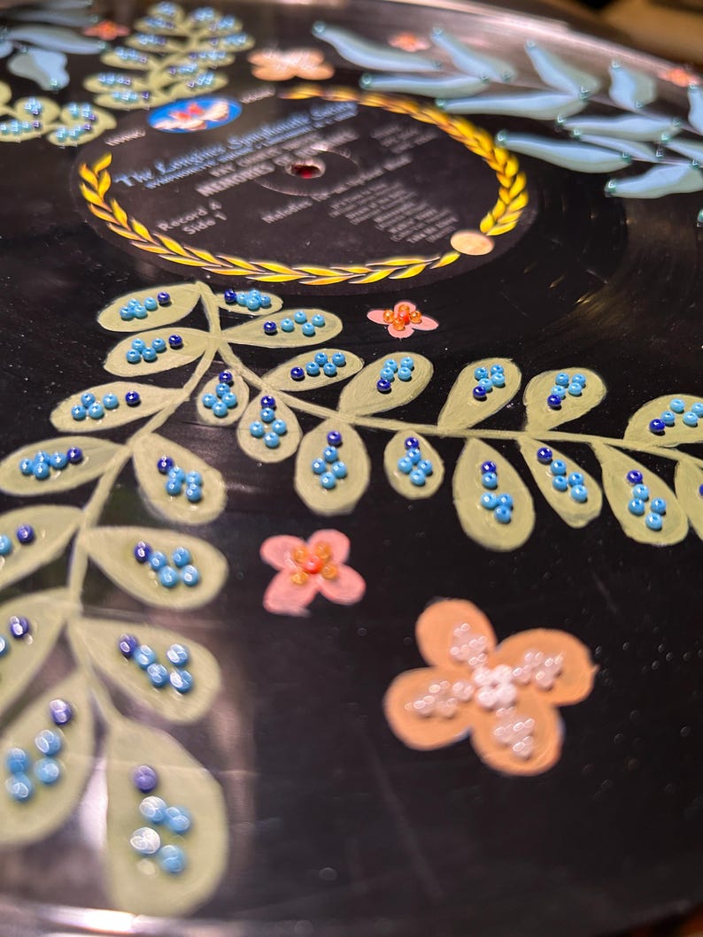 Painted Vinyl Record With Beading Detail Flowers and Leaf Stems - Etsy