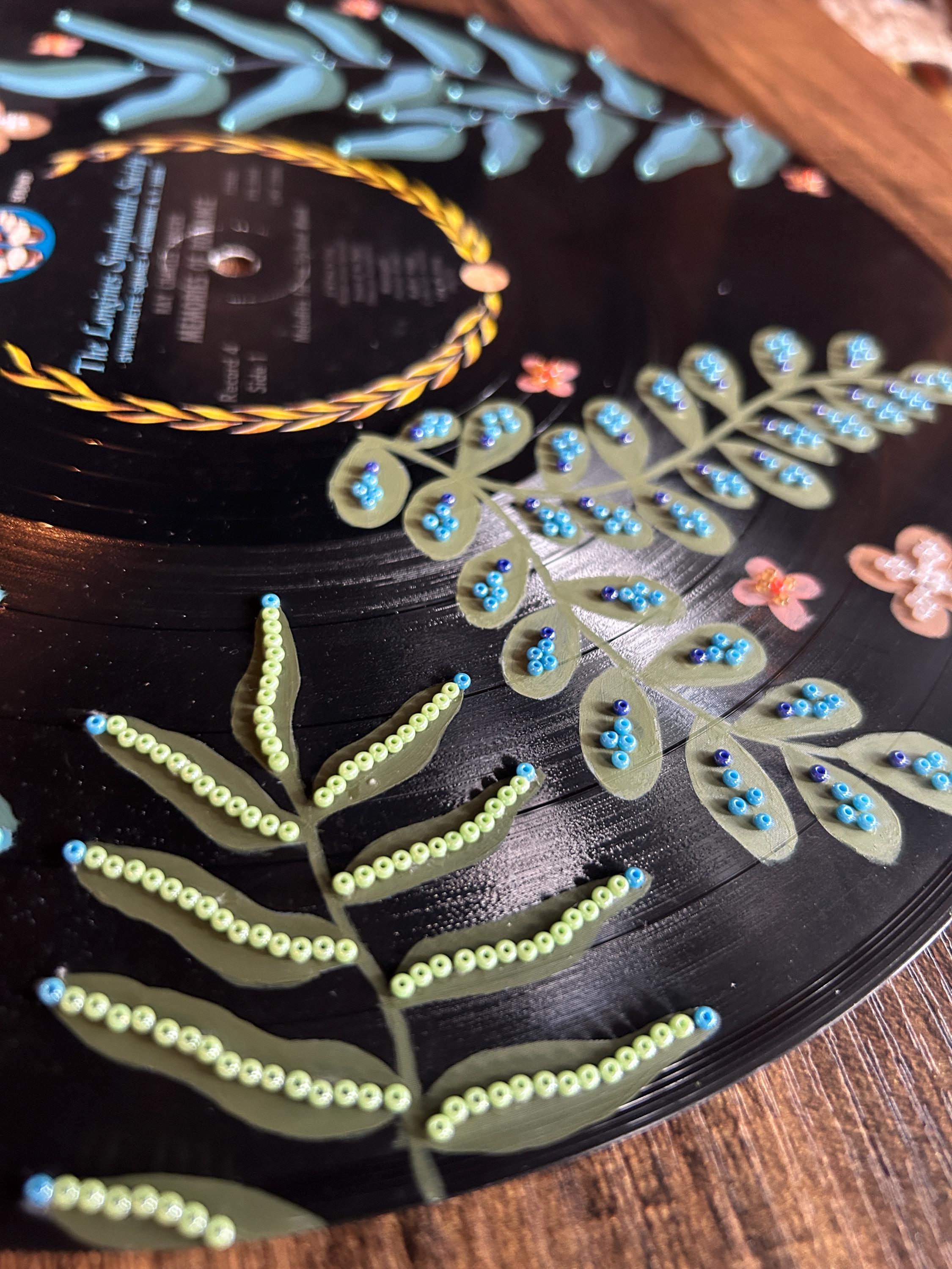 Painted Vinyl Record With Beading Detail Flowers and Leaf Stems - Etsy