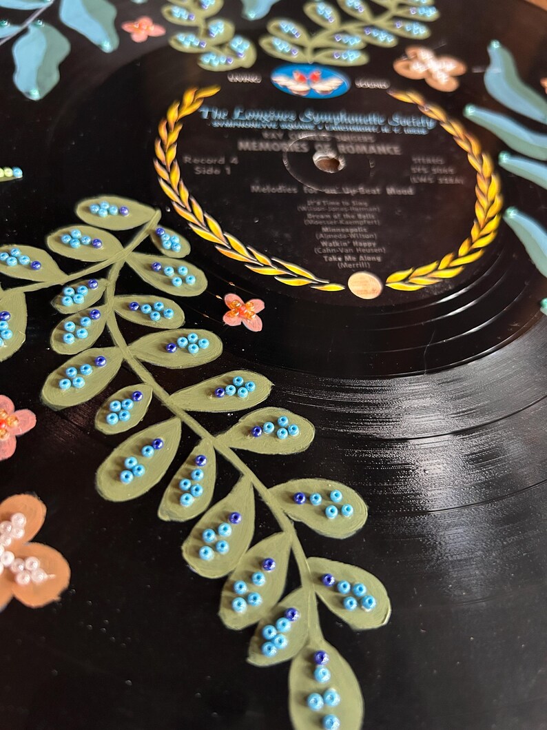 Painted Vinyl Record With Beading Detail Flowers and Leaf Stems - Etsy