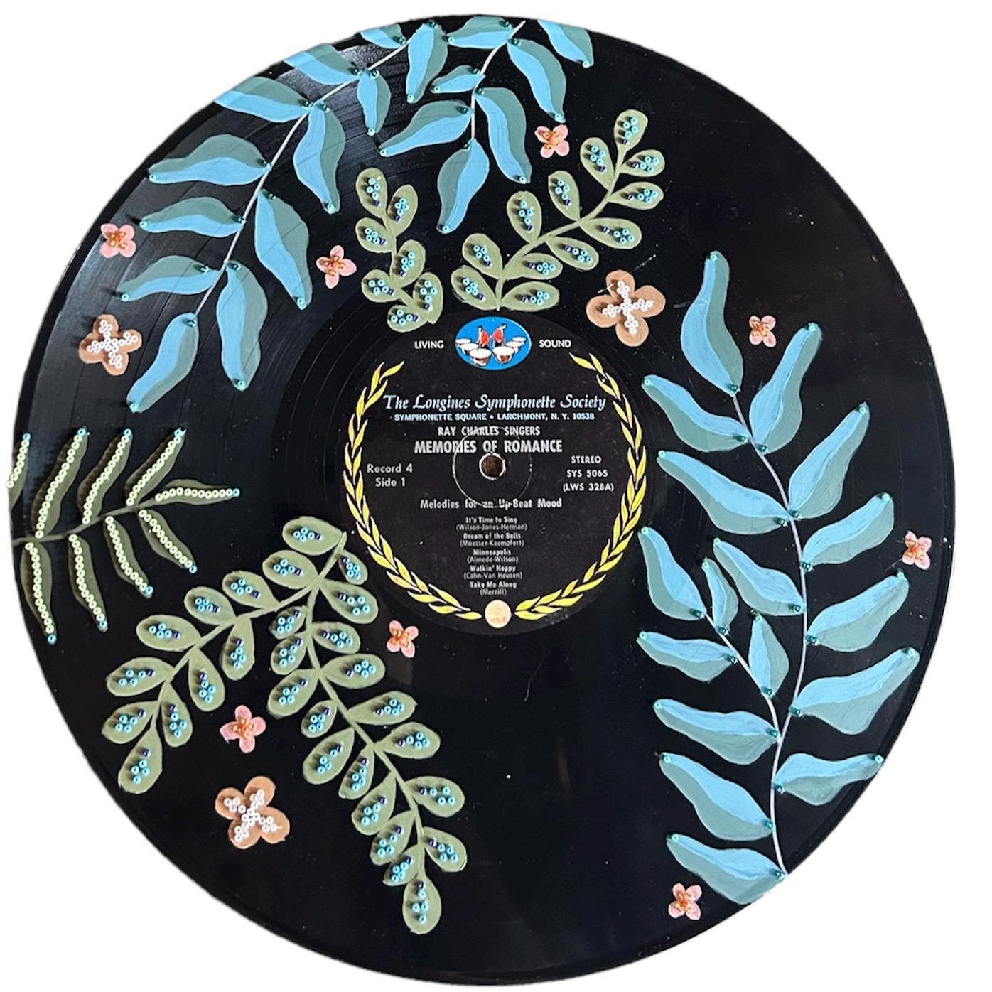 Painted Vinyl Record With Beading Detail Flowers and Leaf Stems - Etsy