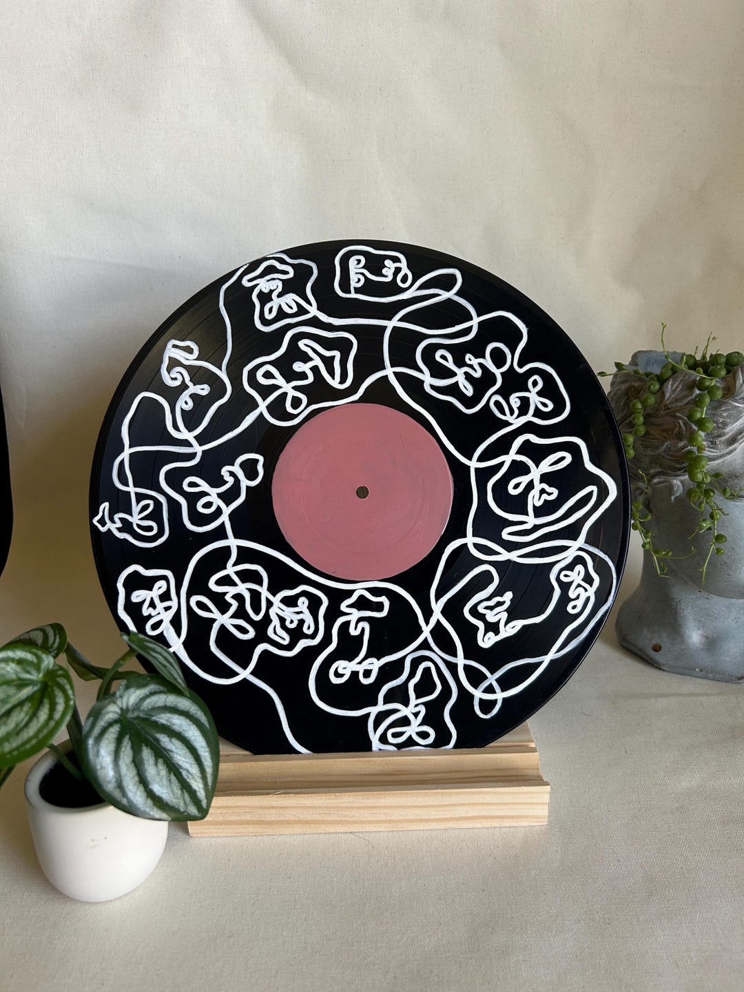 Painted Vinyl Record Abstract Face Line Drawing Pink Center - Etsy