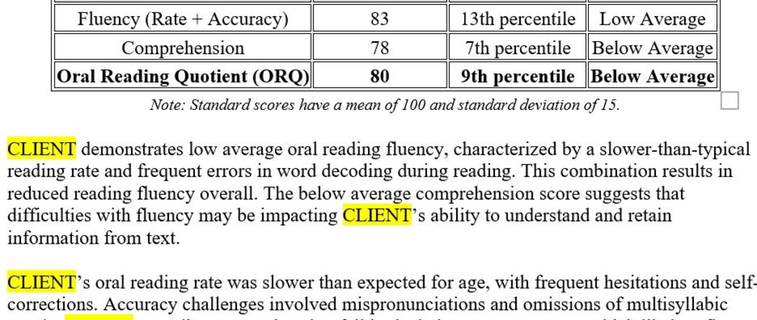 GORT-5 Report Template | Gray Oral Reading Tests–fifth Edition ...