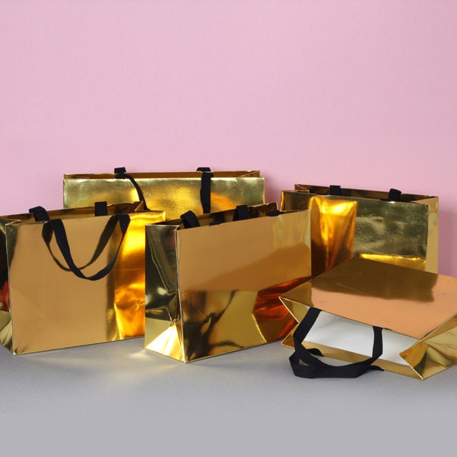 Gold Paper Gift Bags With Black Cotton Handles Bright and - Etsy