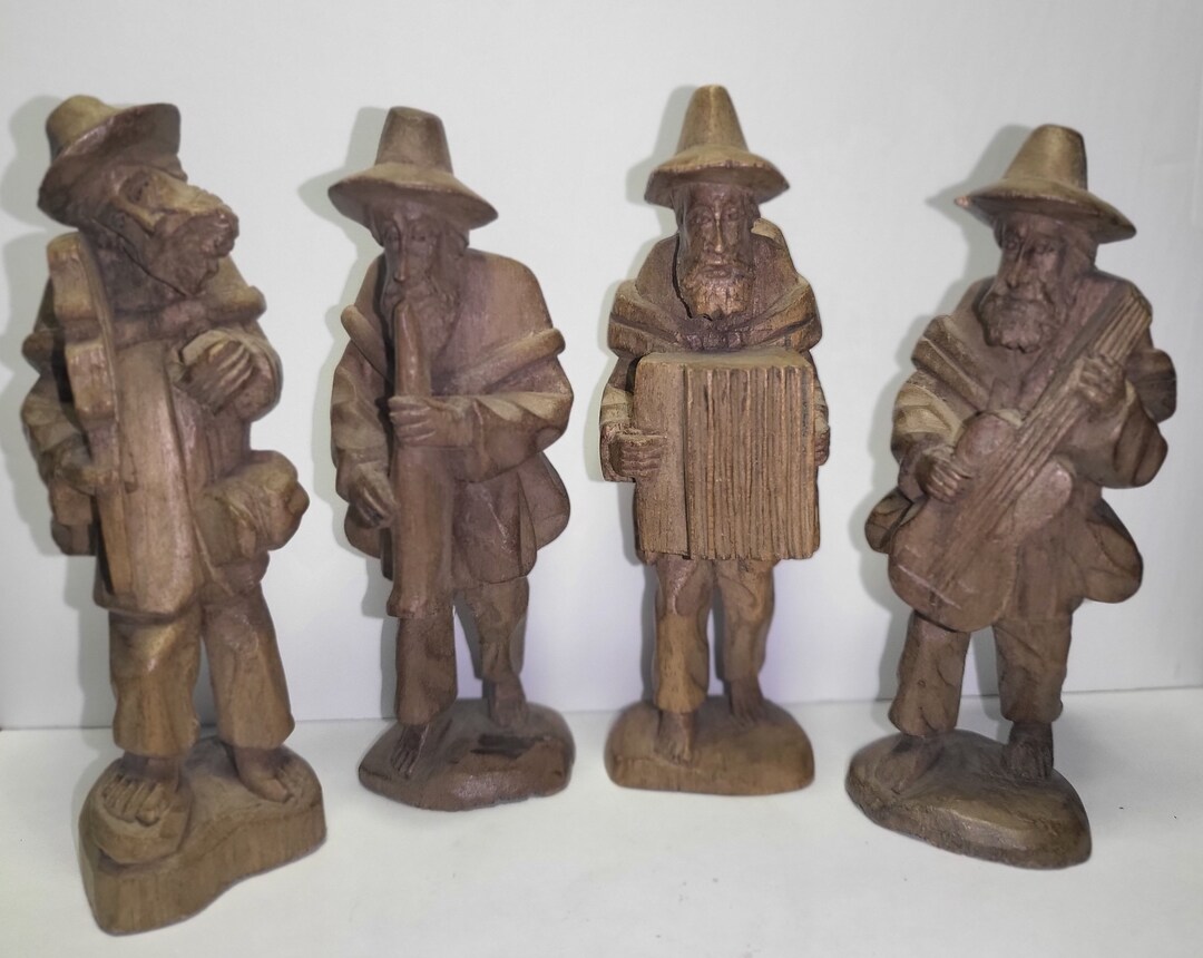 Figurines, Musicians, Hand Carved Wood Men Musicians, Vintage, Set of 4 ...