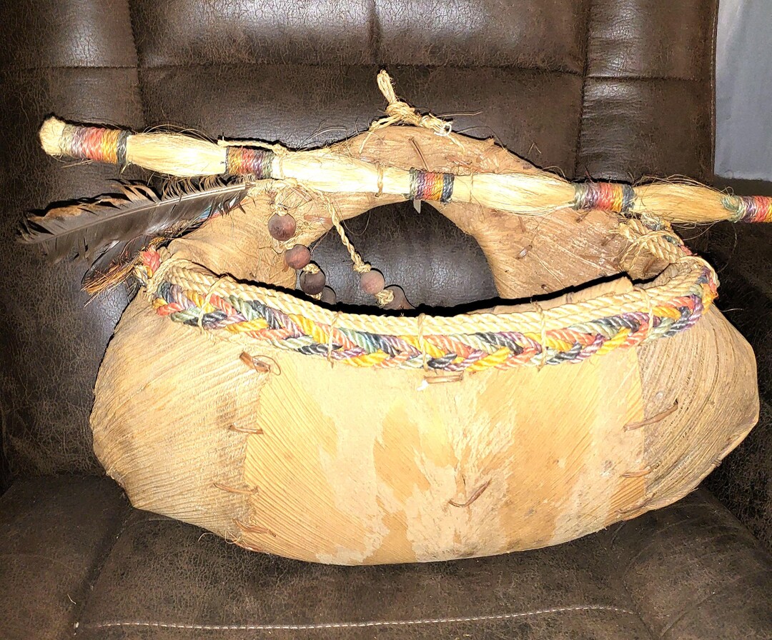 Basket, Native American Handmade Palm Frond Leaf Rope and Feather Wall ...