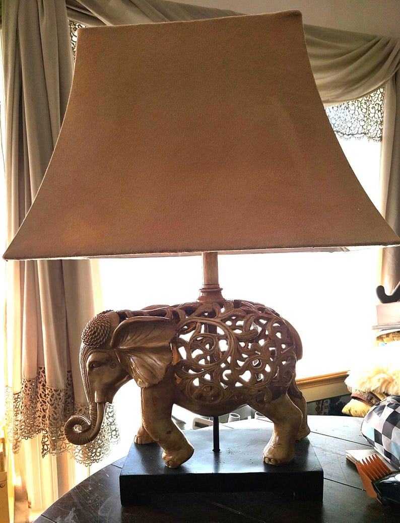 Lamp, Elephant Base, Reticulated Form With Suede Shade - Etsy