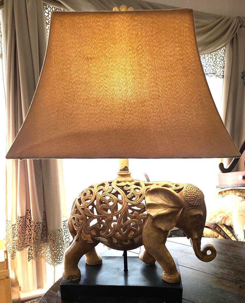 Lamp, Elephant Base, Reticulated Form With Suede Shade - Etsy