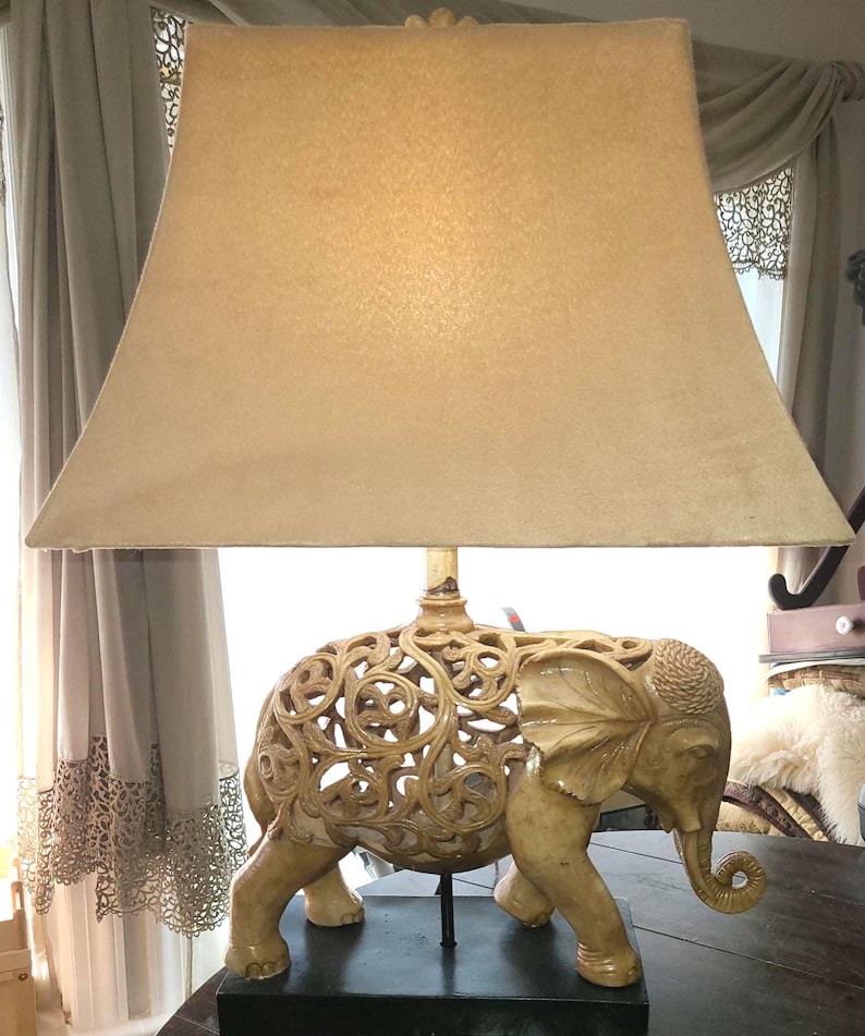 Lamp, Elephant Base, Reticulated Form With Suede Shade - Etsy