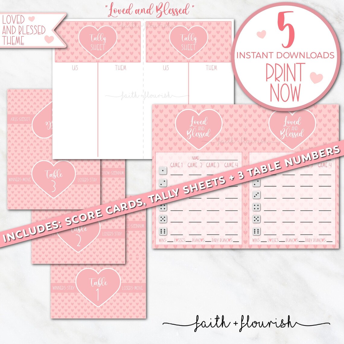 Printable Loved and Blessed Bunco Bundle Set, Pink Girly Heart Bunco ...