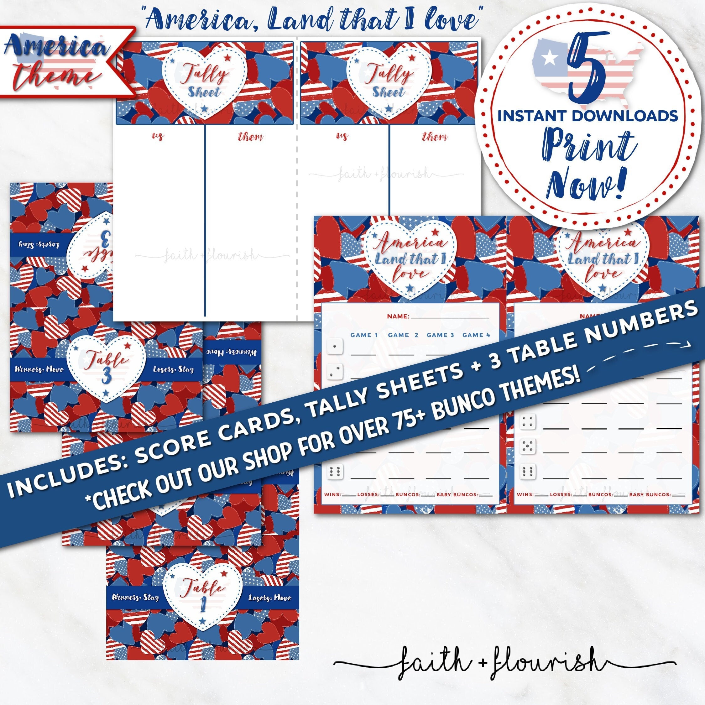 Printable America Themed Bunco Bundle Set, Patriotic 4th of July Bunco ...
