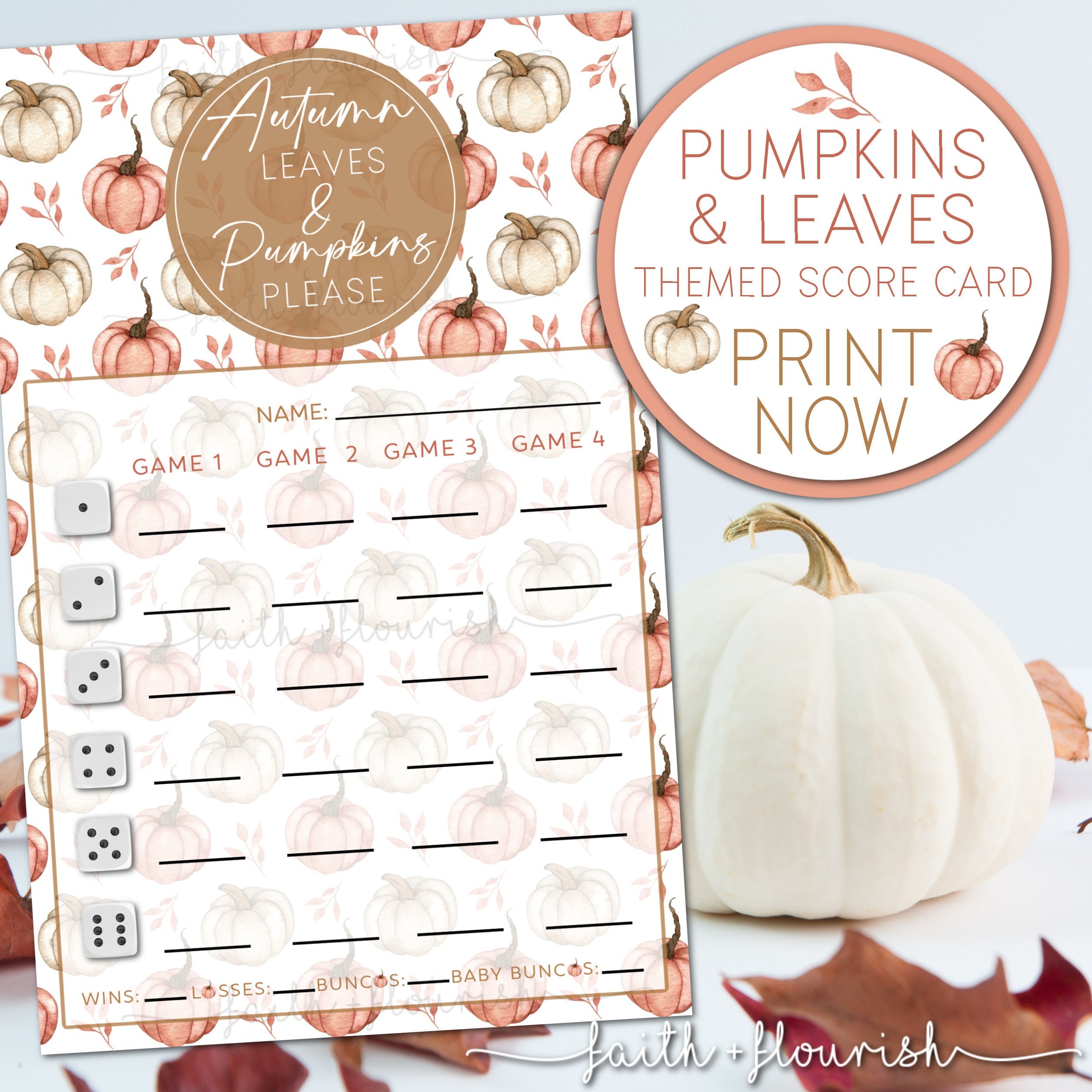 Printable Pumpkins and Leaves Bunco Score Card Sheet, Fall Watercolor ...