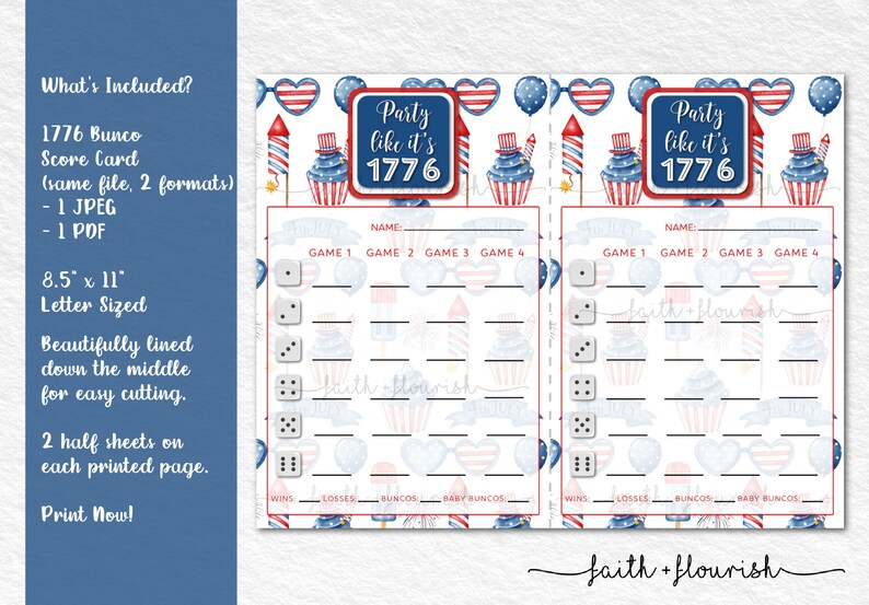 Printable 1776 Themed Bunco Score Card Sheet, 4th of July Bunco ...