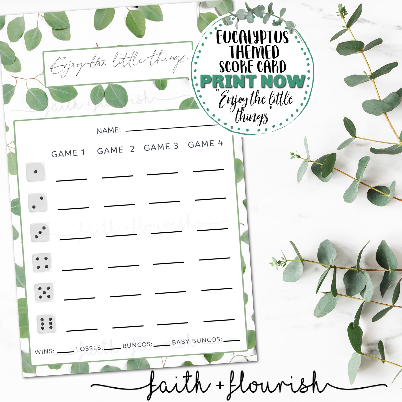 Printable Eucalyptus Plant Bunco Score Card, Minimalist Bunco Scorecard ...
