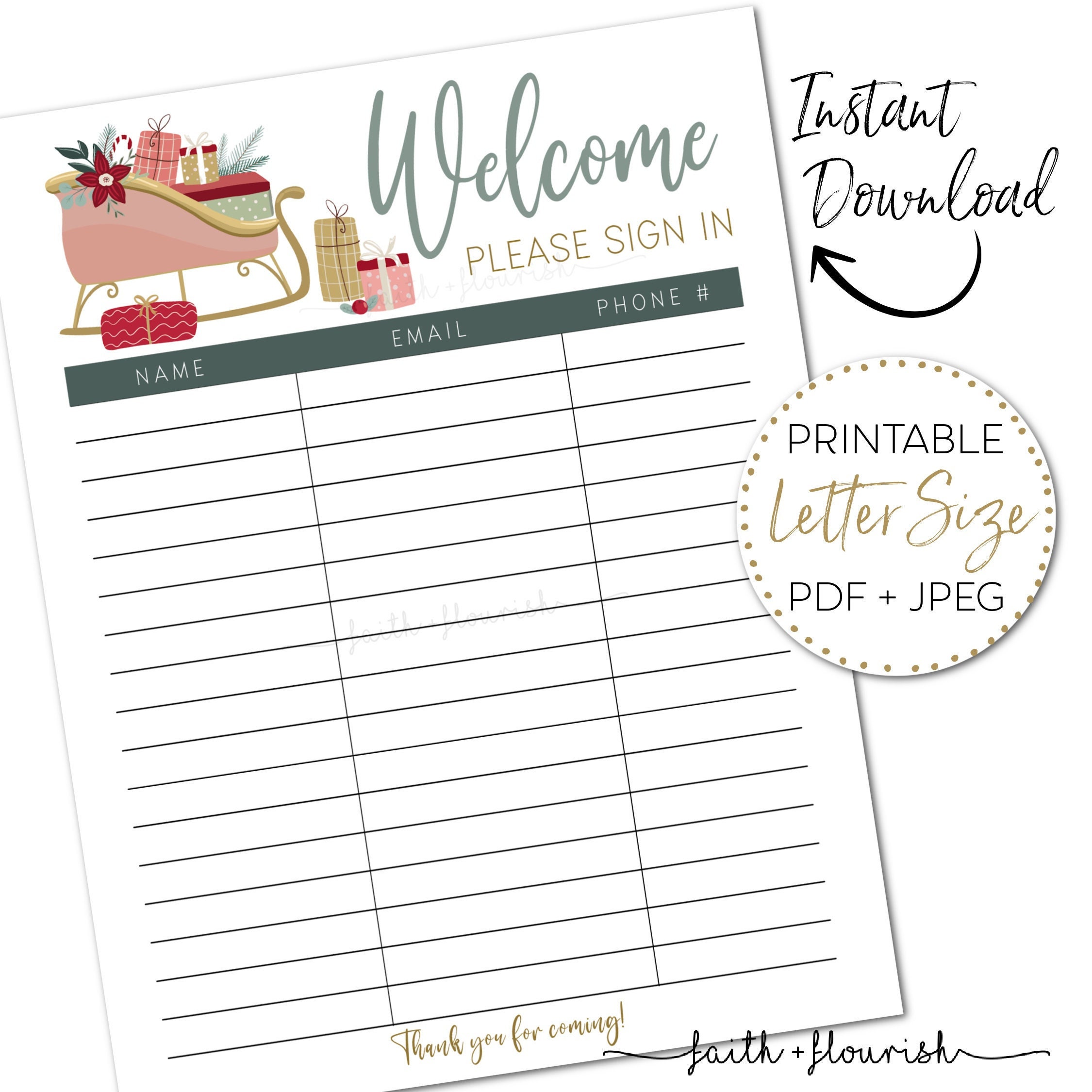 Printable Christmas Sleigh Sign in Sheet, Welcome Sign in Sheet, Real ...