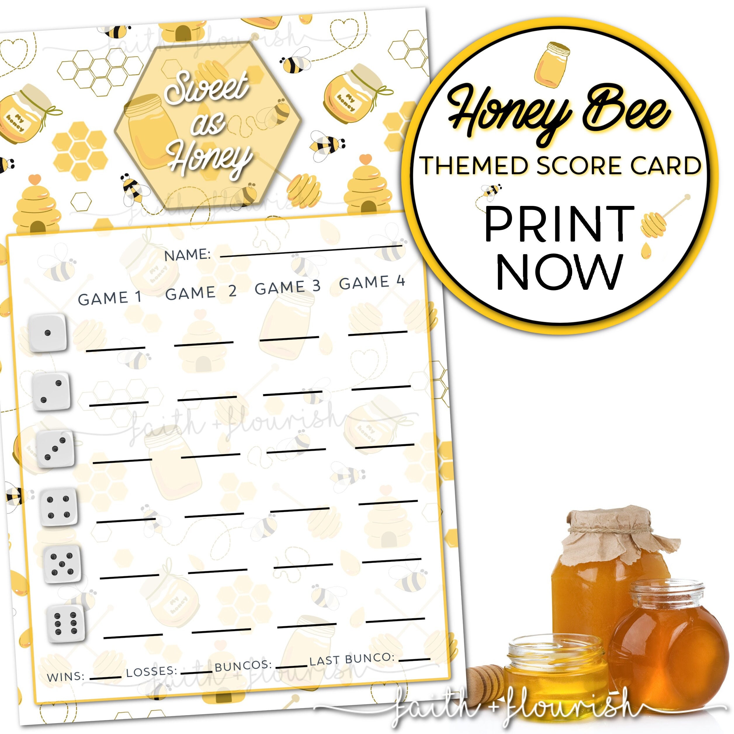 Printable Honey Bee Bunco Score Card Sheet, Sweet as Honey, Bee Humble ...