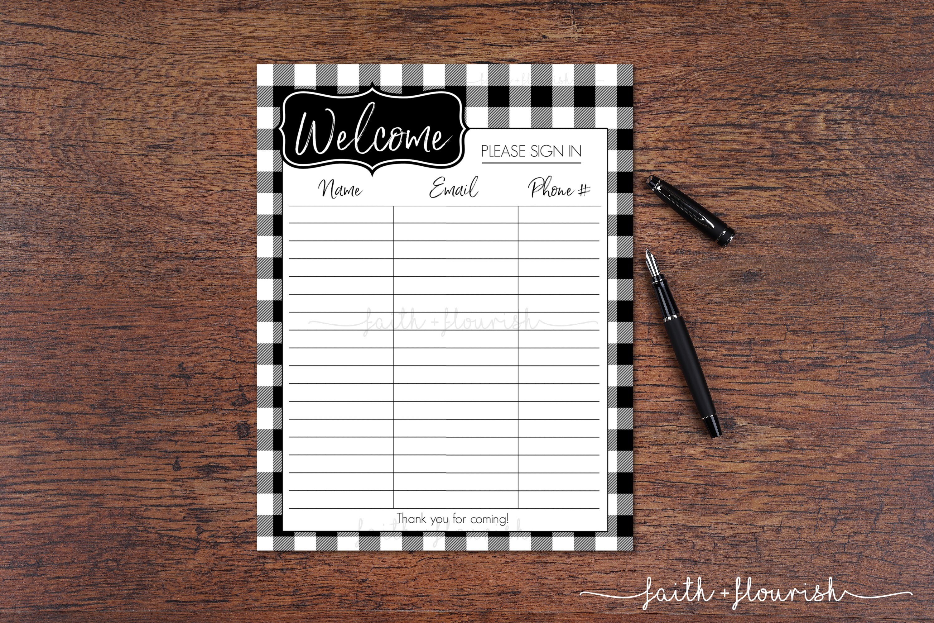 Printable Buffalo Check Sign in Sheet, Black and White Sign in Sheet ...