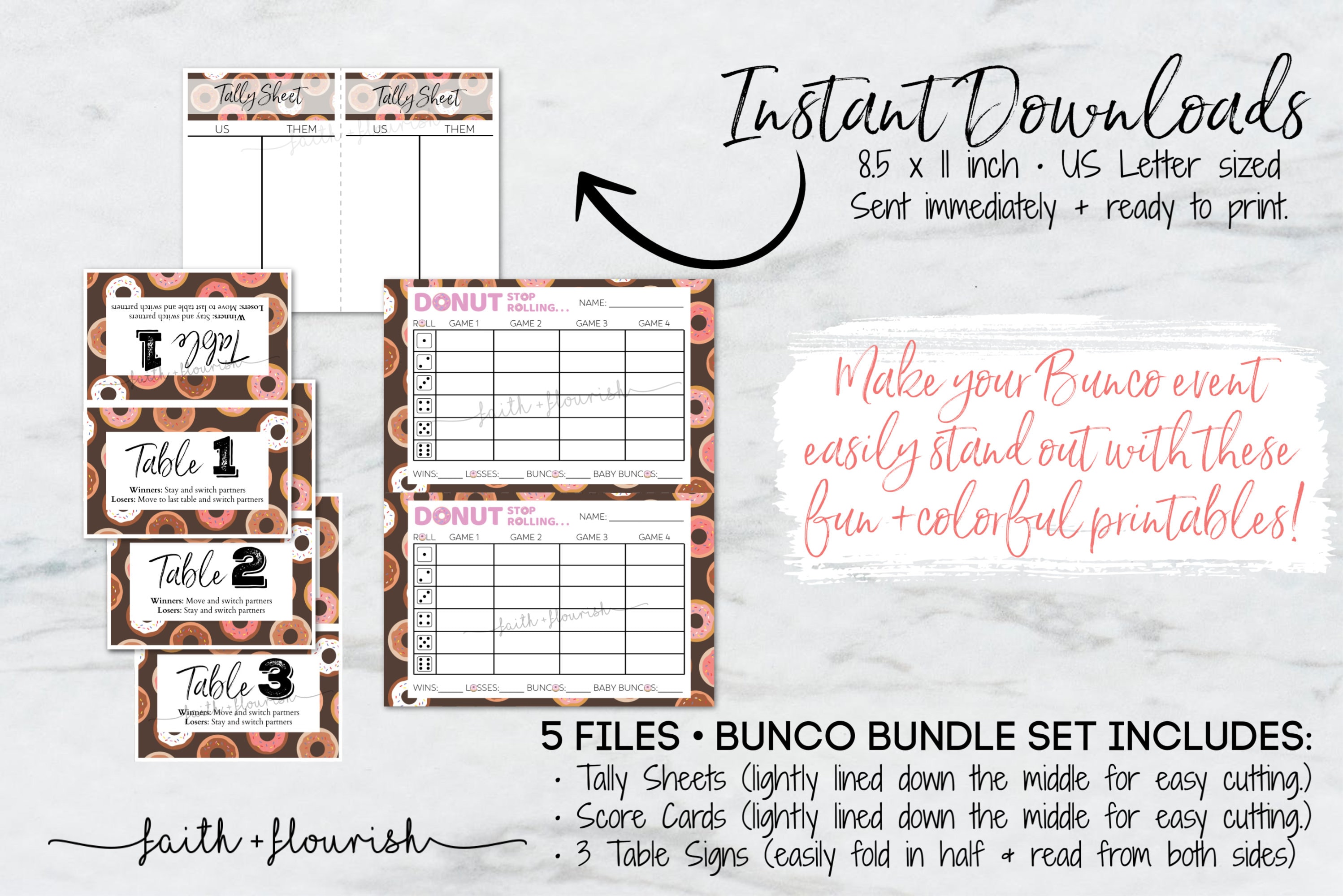 Printable Donut Theme Bunco Bundle Set, Donut Stop Rolling, Breakfast ...