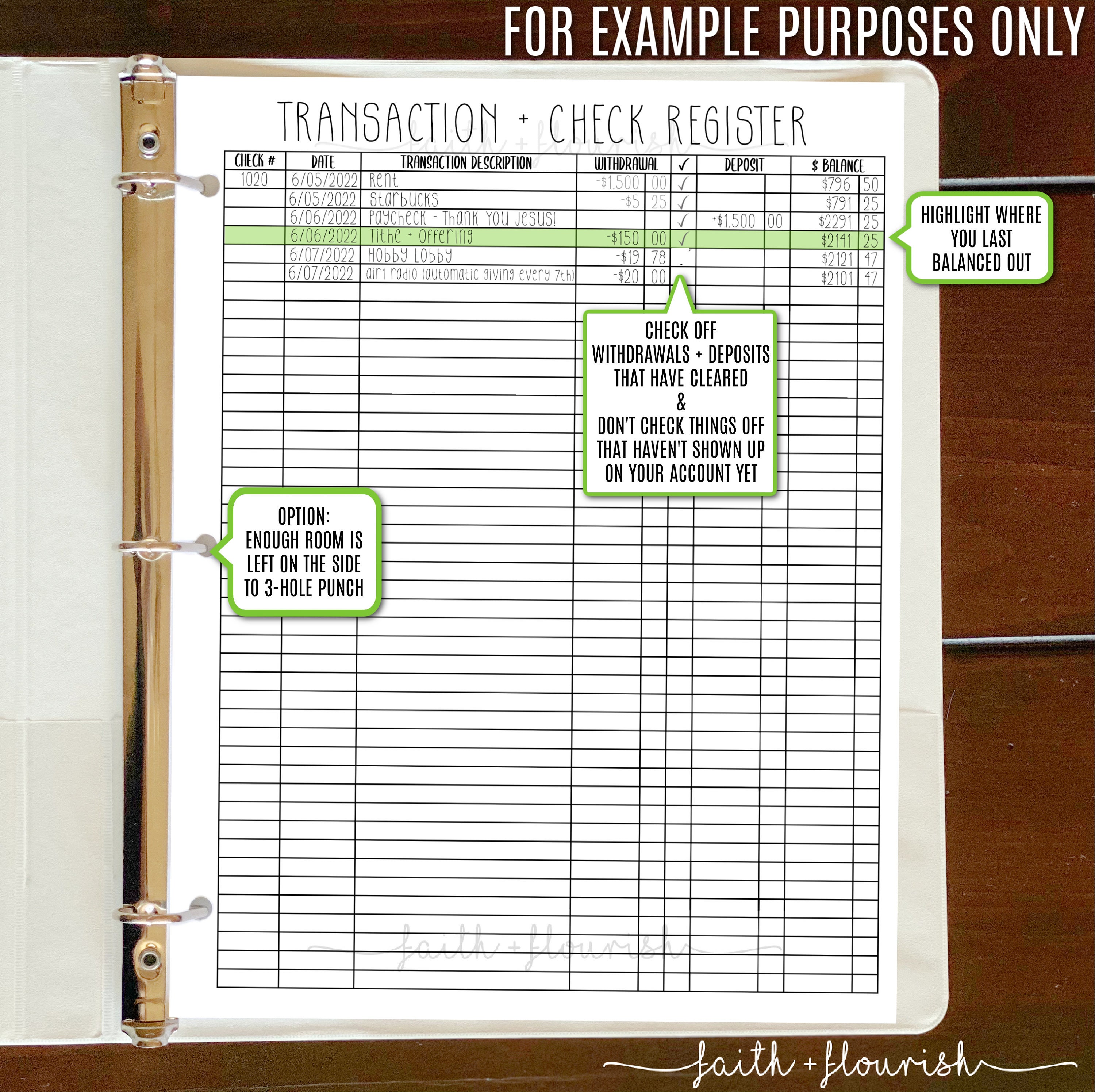 Printable Transaction + Check Register Sheet Page, Finance + Banking ...