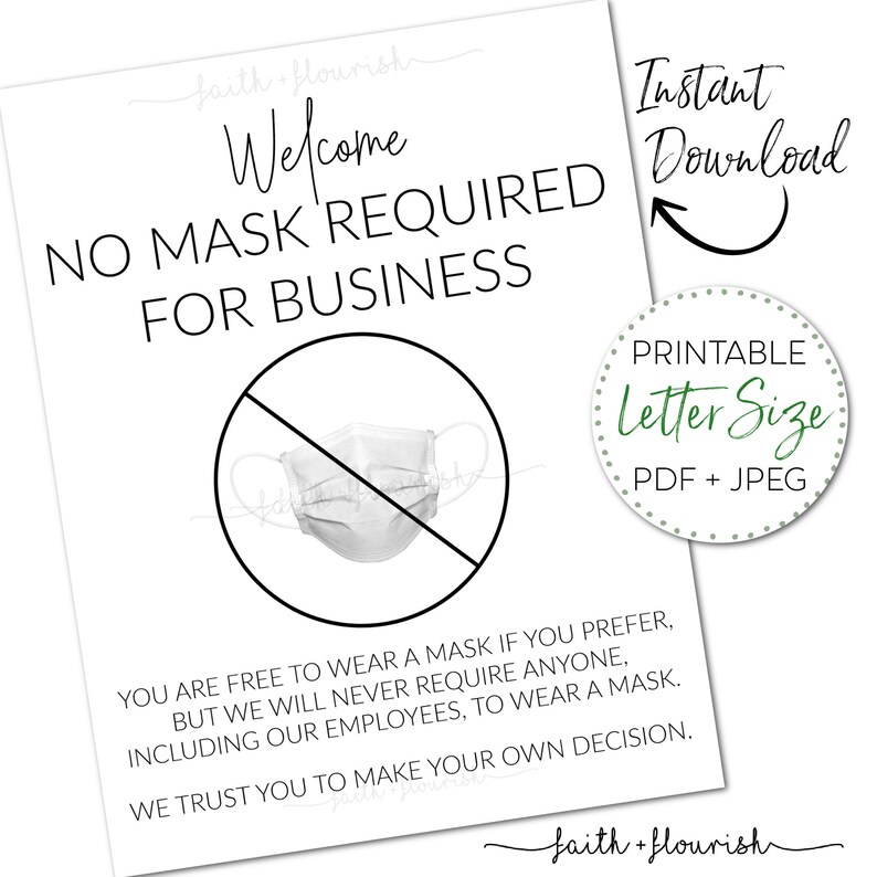 Printable No Mask Required Welcome Sign, Business and Restaurant Window ...