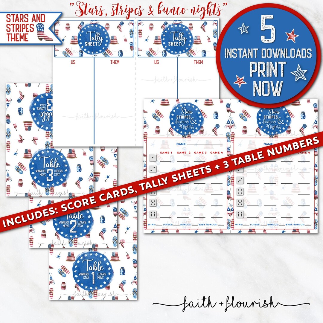 Printable Stars and Stripes Themed Bunco Bundle Set, USA Patriotic 4th ...