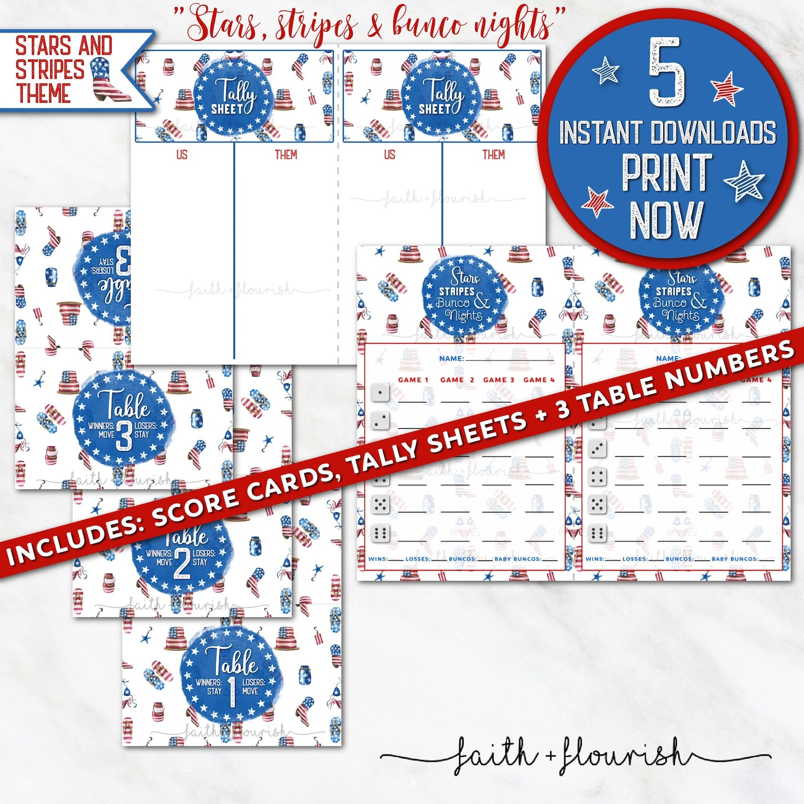 Printable Stars and Stripes Themed Bunco Bundle Set, USA Patriotic 4th ...