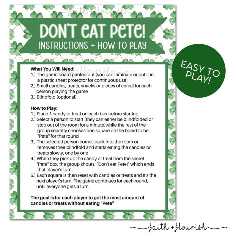 St. Patrick's Day Don't Eat Pete Game, Kids Party Activity (PDF) - Etsy