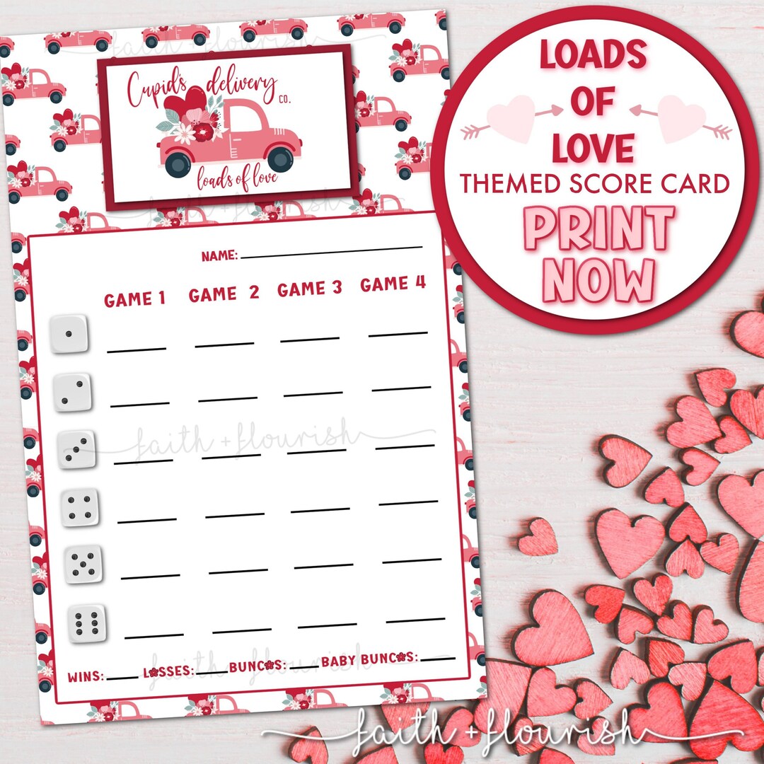 Printable Loads of Love Bunco Score Card Sheet, Valentines Day Truck ...