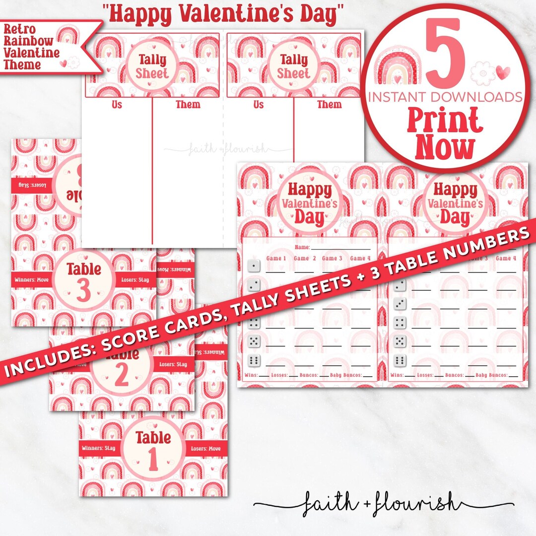 Printable Retro Rainbow Valentine Bunco Bundle Set, Valentine's Day ...