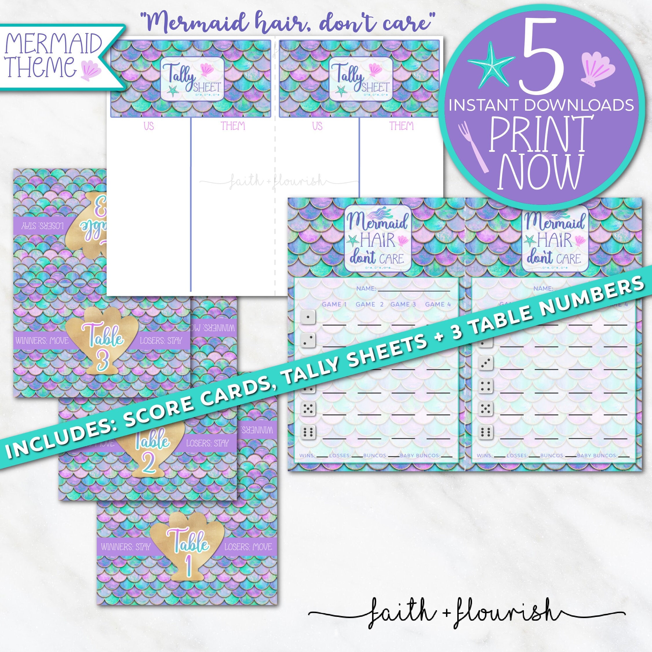 Printable Mermaid Bunco Bundle Set, Hawaiian Summer Sand Bunco ...